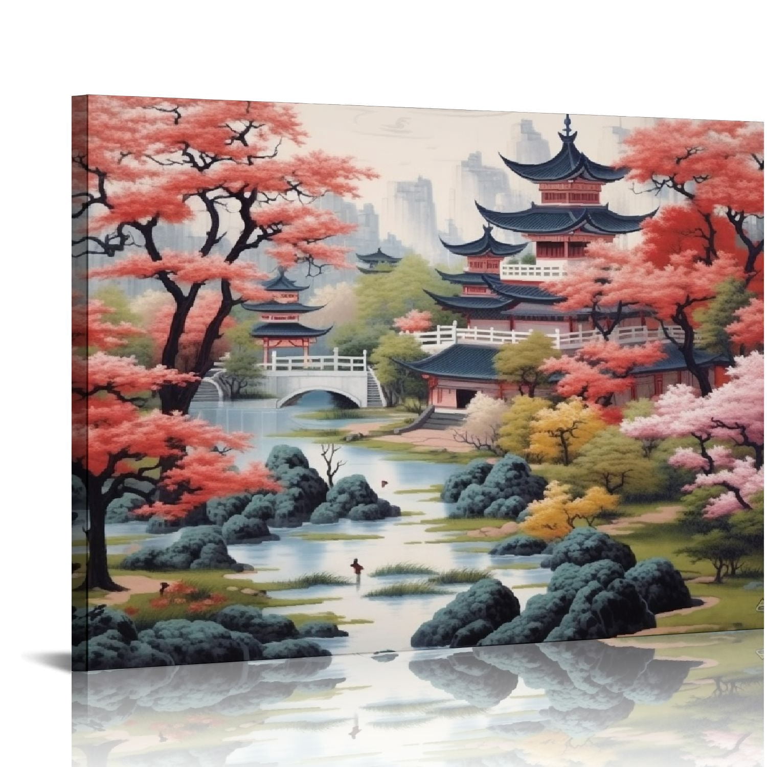 Nawypu Chinese Style Canvas Wall Art Chinoiserie Pagoda White Coral ...
