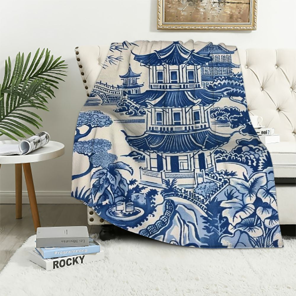 Nawypu Chinoiserie Asian Blue Pagoda Bed Throws Blankets Chinoiserie ...