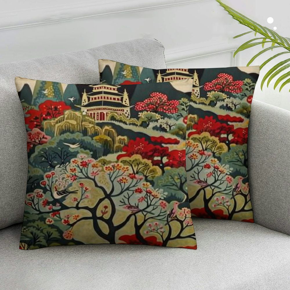 Nawypu Chinoiserie Charcoal Coral Pagoda Pillow Cover Pagoda and Flower ...