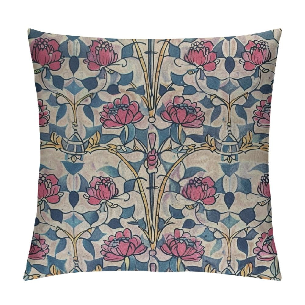 Nawypu Chinoiserie Chic Cushion Cover Pink and Coral Geometric Flower ...