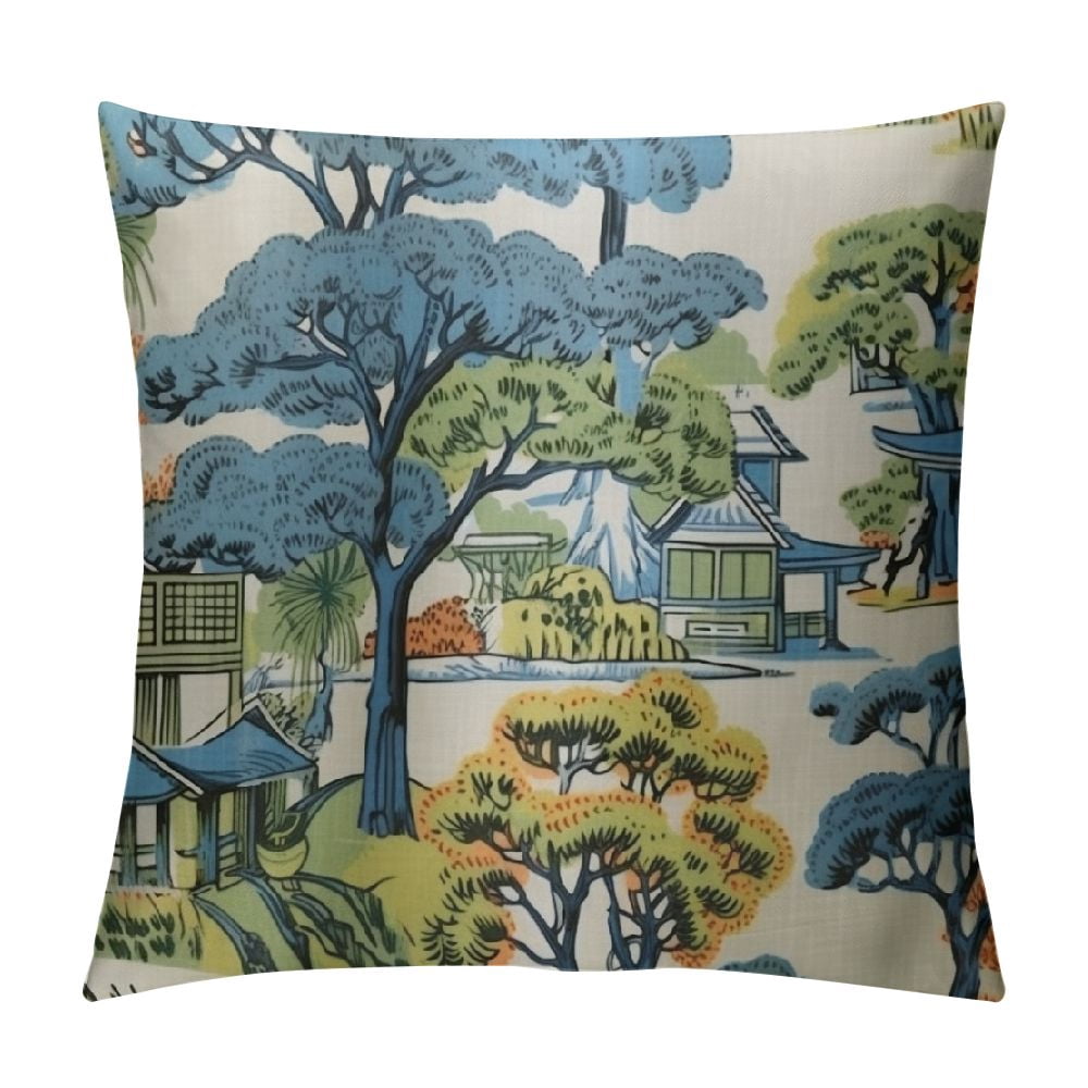Nawypu Chinoiserie Pillow Cover Asian Scenic Blue and Purple Green ...