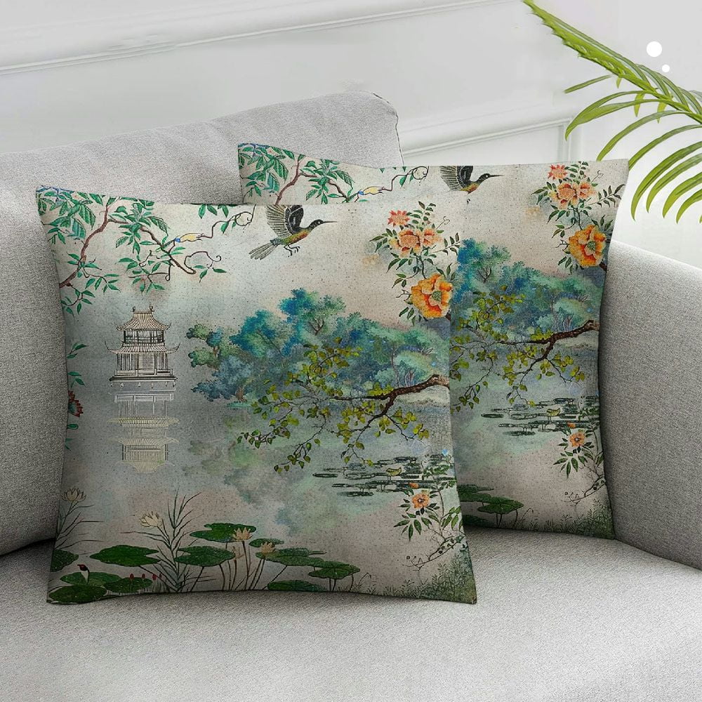 CMMY Chinoiserie Pillow Cover Set of 2, Asian Scenic Green Decorative ...