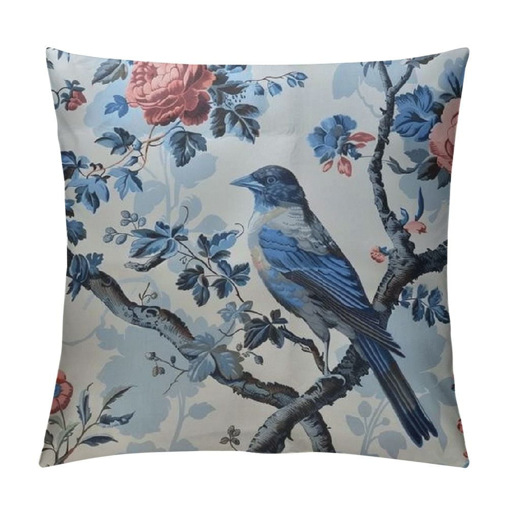 Nawypu Chinoiserie Pillow Cover Set of Blue Birds Flowers Throw Pillow ...