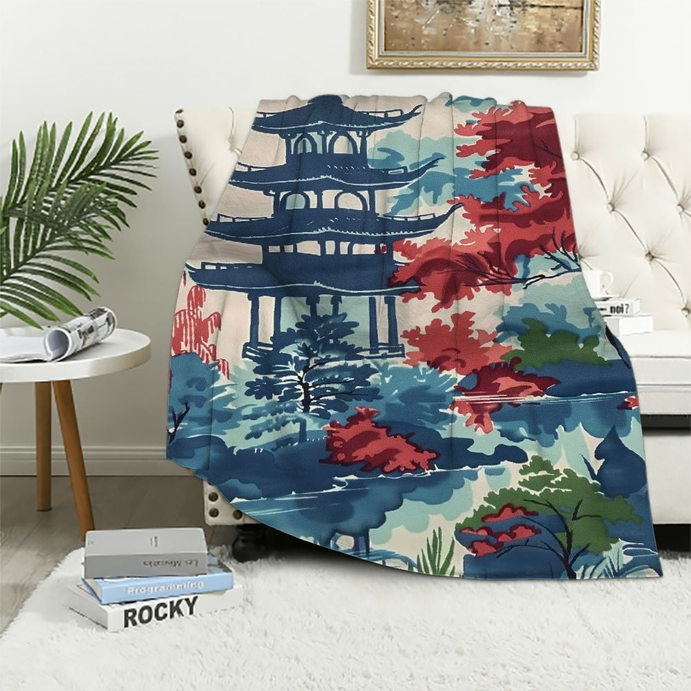 Nawypu Chinoiserie Style Soft Flannel Throw Blanket Blue Pagoda White ...