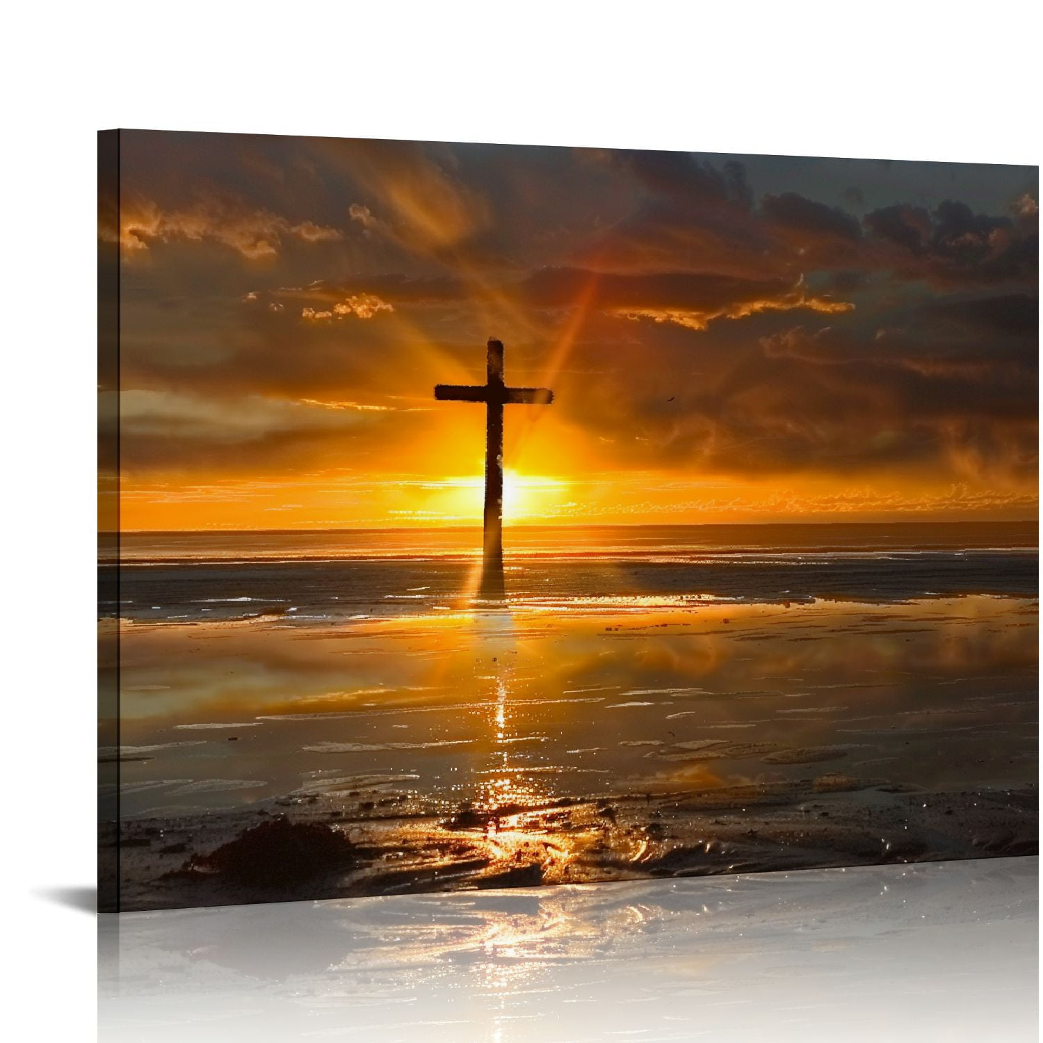 Nawypu Christian Cross Canvas Wall Decor Red Sunset Cross Sea Religion ...
