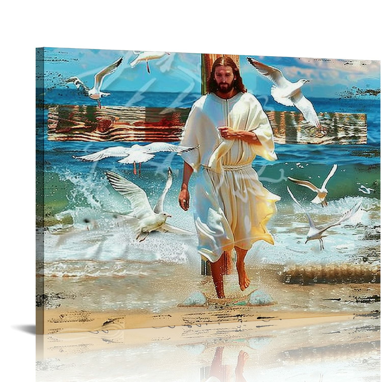 Nawypu Christian Inspirational Decor Wall Art Jesus and Cross on Beach ...