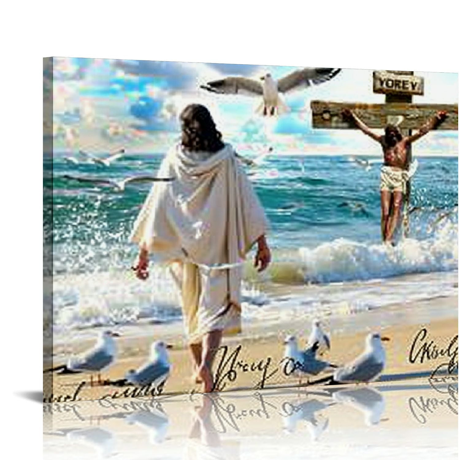Nawypu Christian Inspirational Decor Wall Art Jesus and Cross on Beach ...