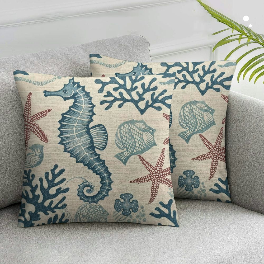 Nawypu Coastal Pillow Covers Set of 2 Sea Horse Ocean Themed Beach ...