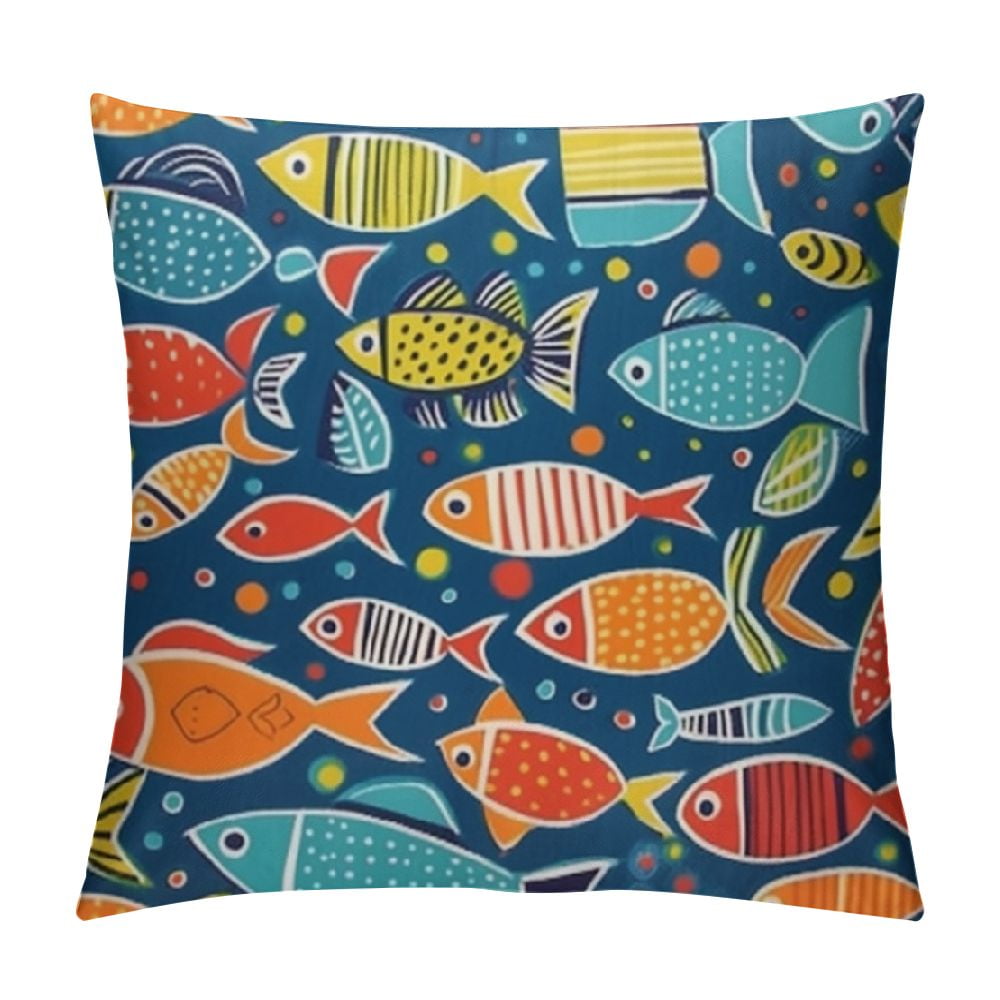 Nawypu Colorful Fish Pillow Covers,Art Fishes sea Life Dark Blue Throw ...
