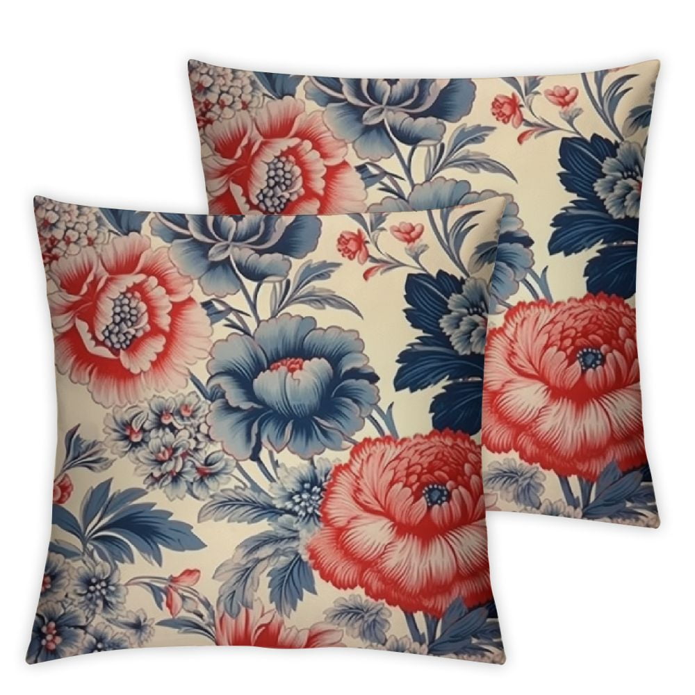 Nawypu Coral Red Blue Flower Throw Pillow Chinoiserie Tree Peony Bird ...