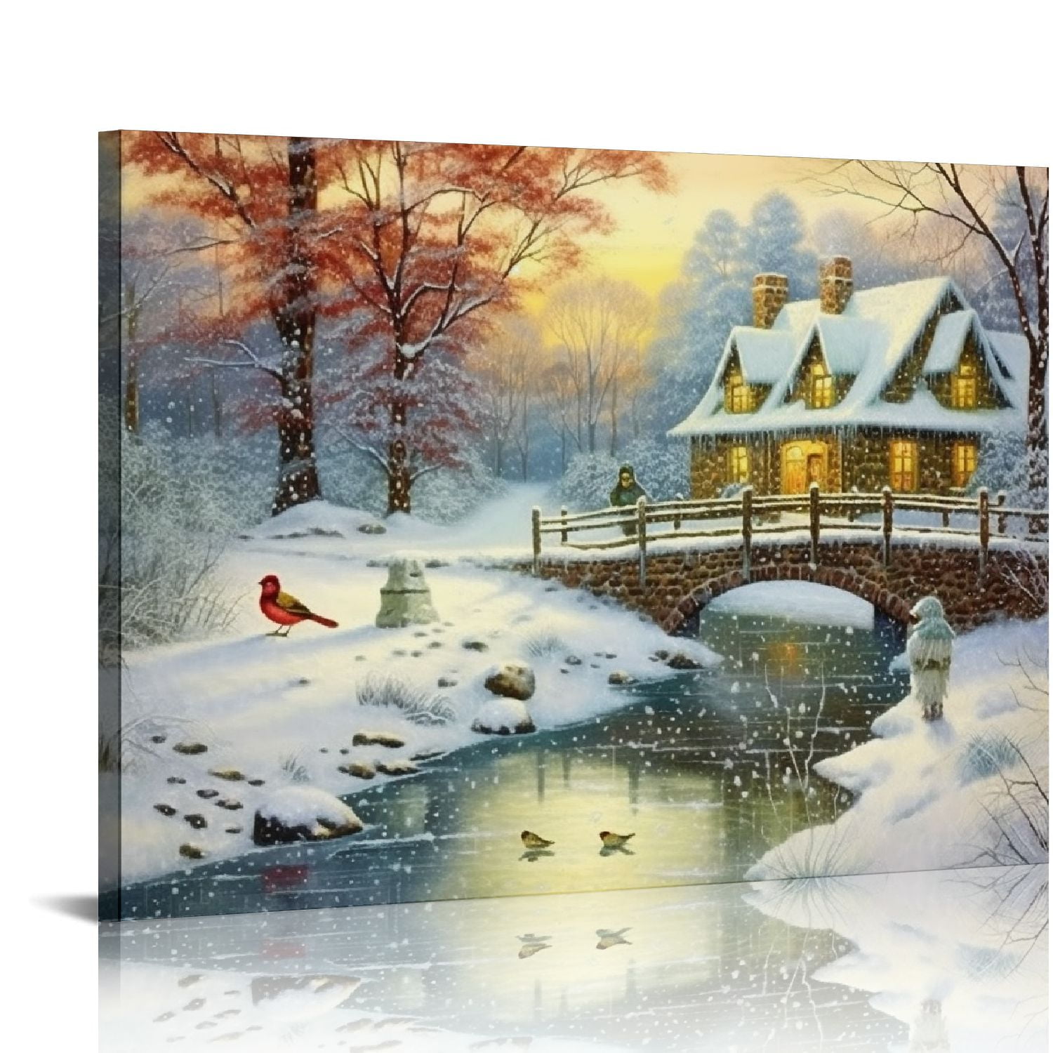 Awypu Cottage Along a Stream Christmas Scene with Cardinals and Snowman ...