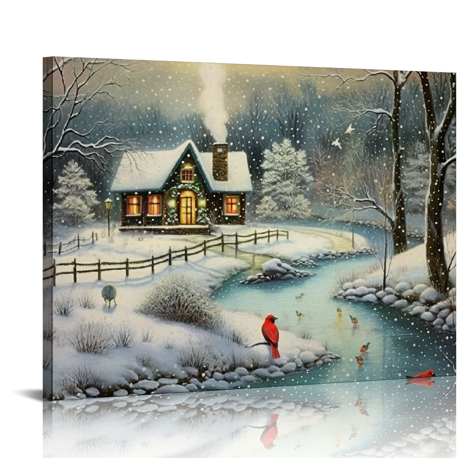 Nawypu Cottage Along a Stream Christmas Scene with Cardinals and ...