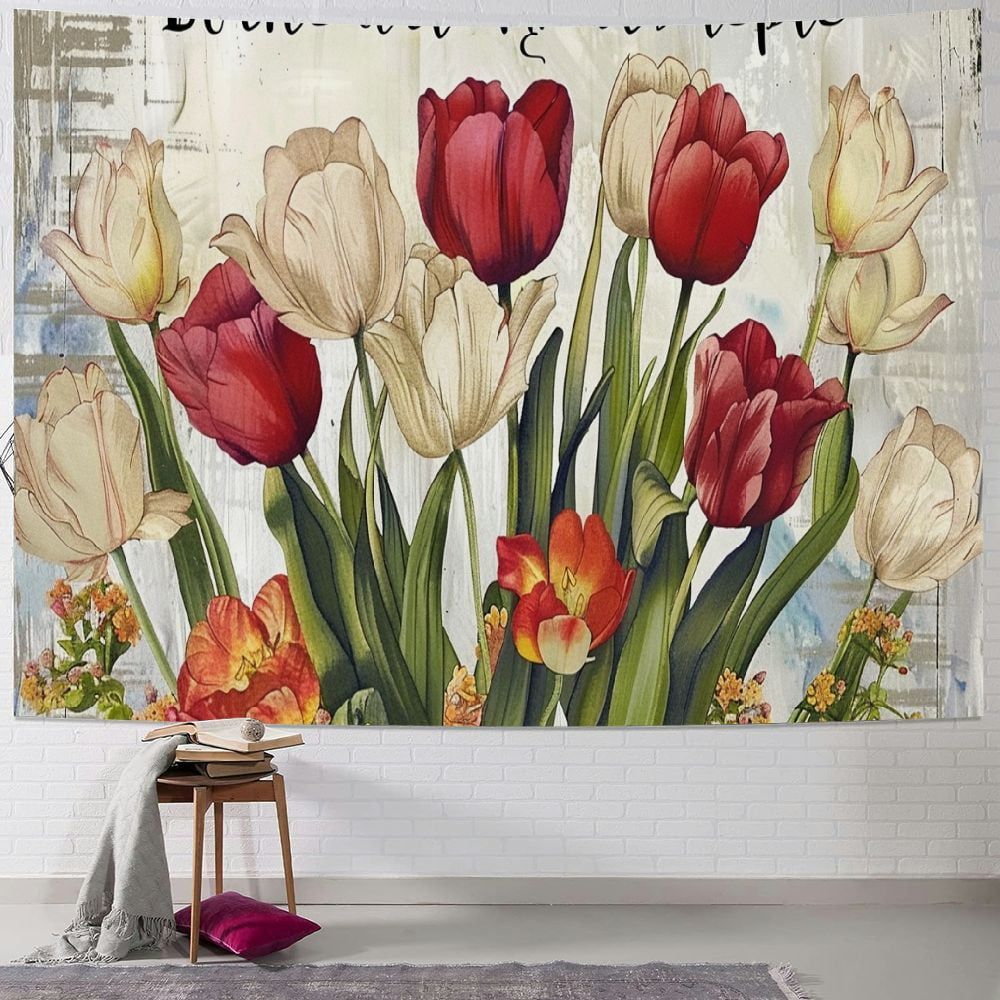 Nawypu Country Farmhouse Spring,Tulips Spring Sign Wall Art Tapestry ...