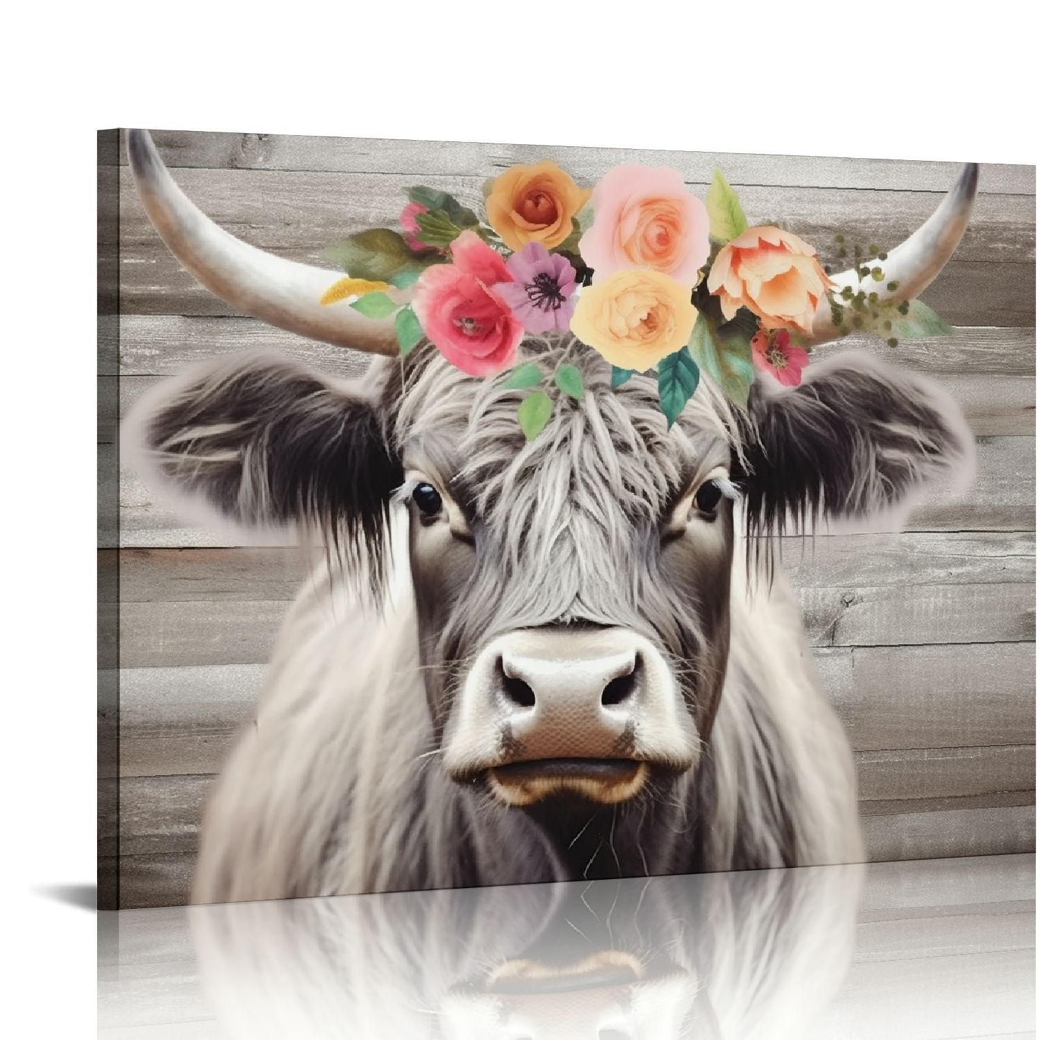 Nawypu Cow Wall Decor Black White Highland Cow Headband Flower Canvas ...