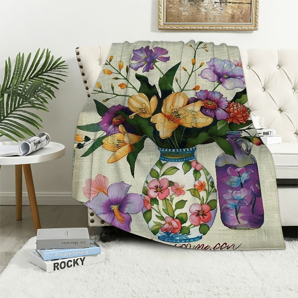 TIAOTIAOHOU Cozy Flannel Blanket Retro Tulips Lavender Violet Plaid Bed ...