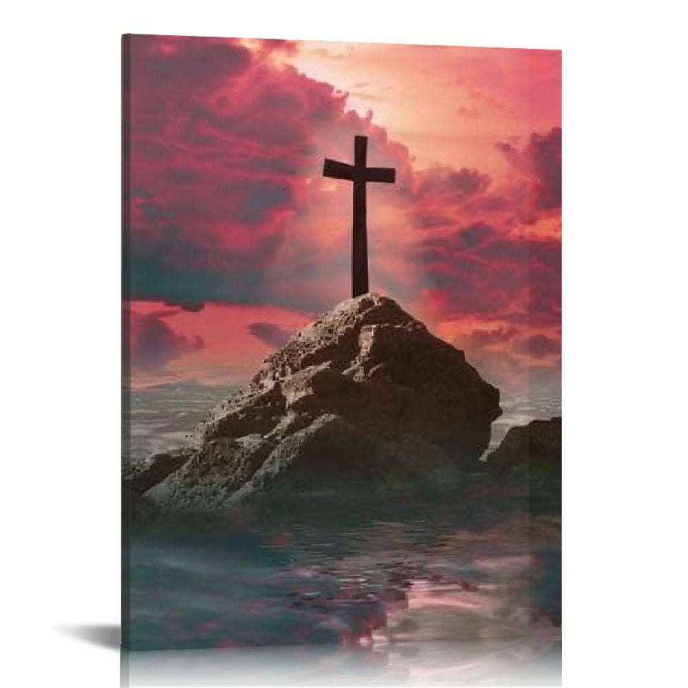 Nawypu Cross on a Rock Wall Decor Religious Jesus Christ Spiritual Wall Art Picture Canvas Print ...
