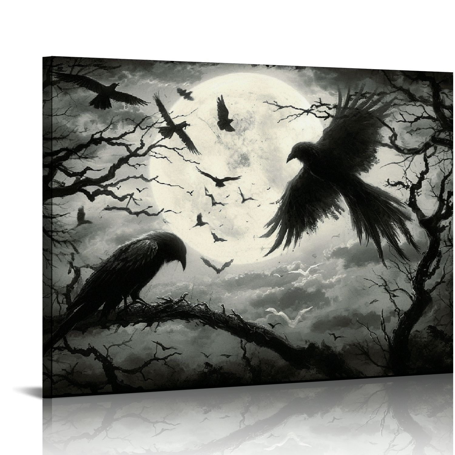 Nawypu Crow Canvas Wall Art Gothic Black Bird on Branch Painting ...