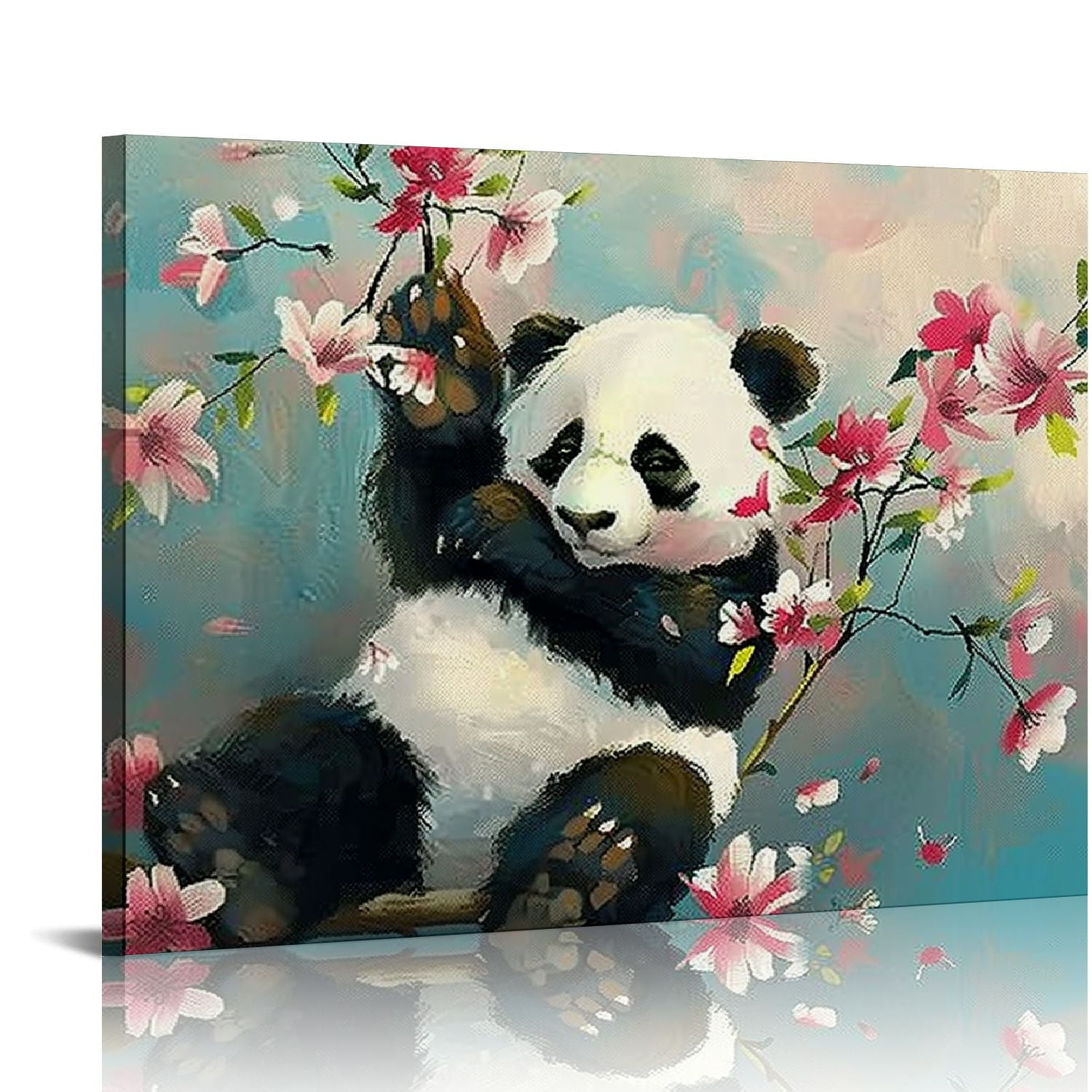 Nawypu Cute Animal Canvas Wall Art Baby Panda Playing with Flower ...