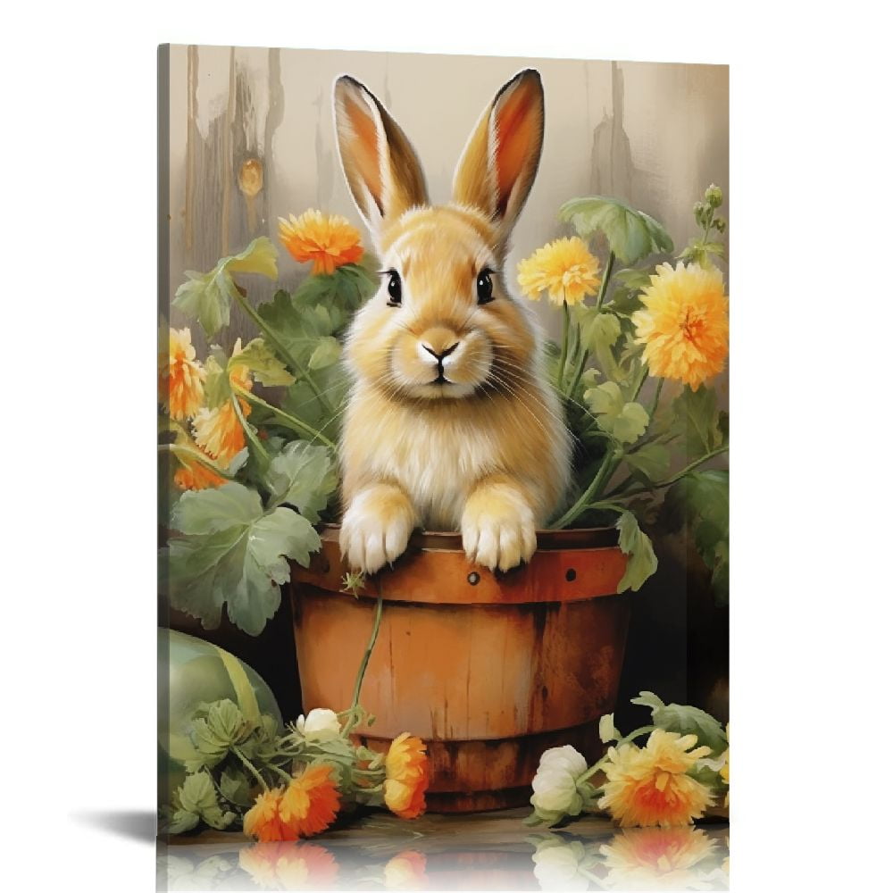 Nawypu Cute Bunny Wall Art Orange Flowers Canvas Print Picture ...