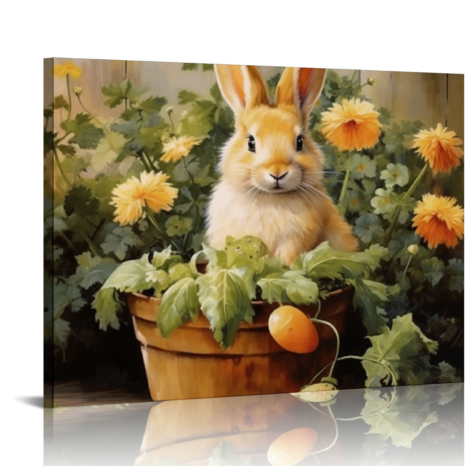 Nawypu Cute Bunny Wall Art Orange Flowers Canvas Print Picture ...