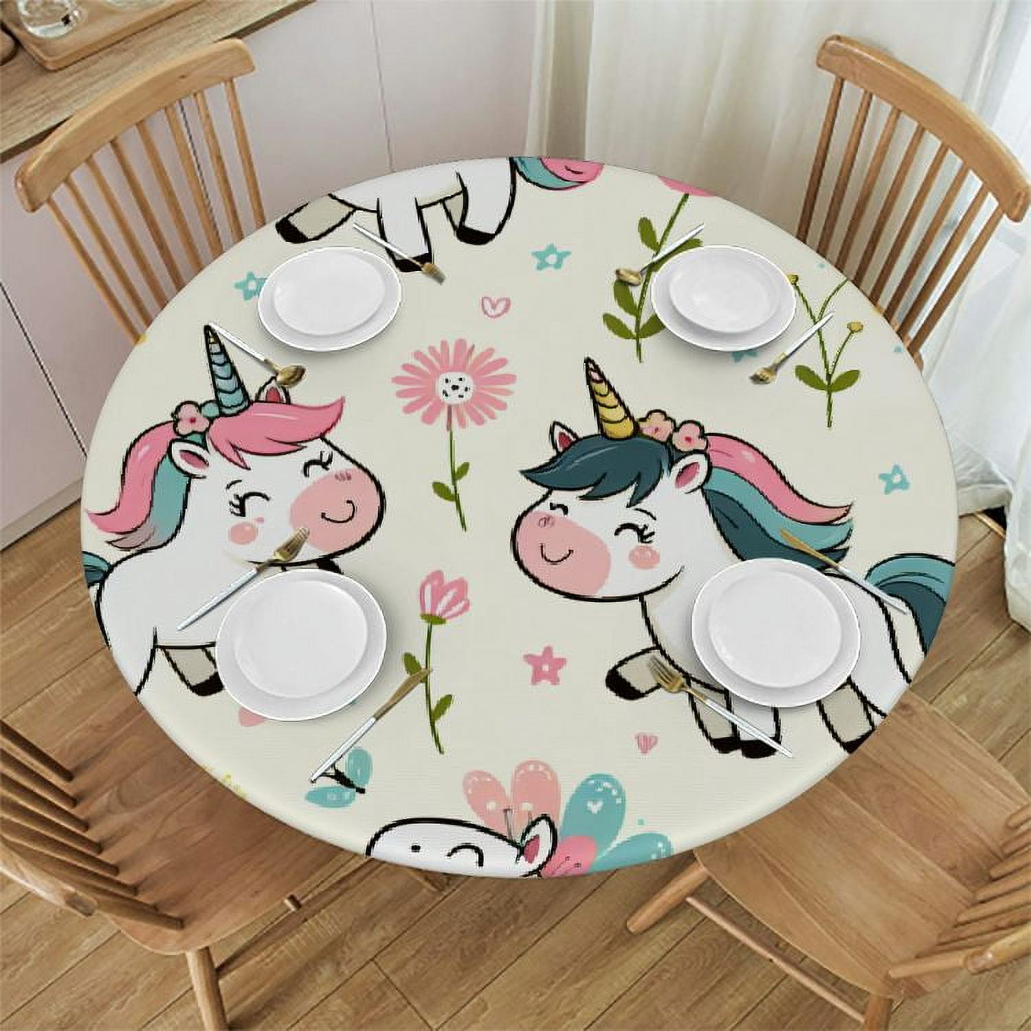 Nawypu Cute Cartoon Animals Elastic Tablecloth Fitted Table CoverRound ...