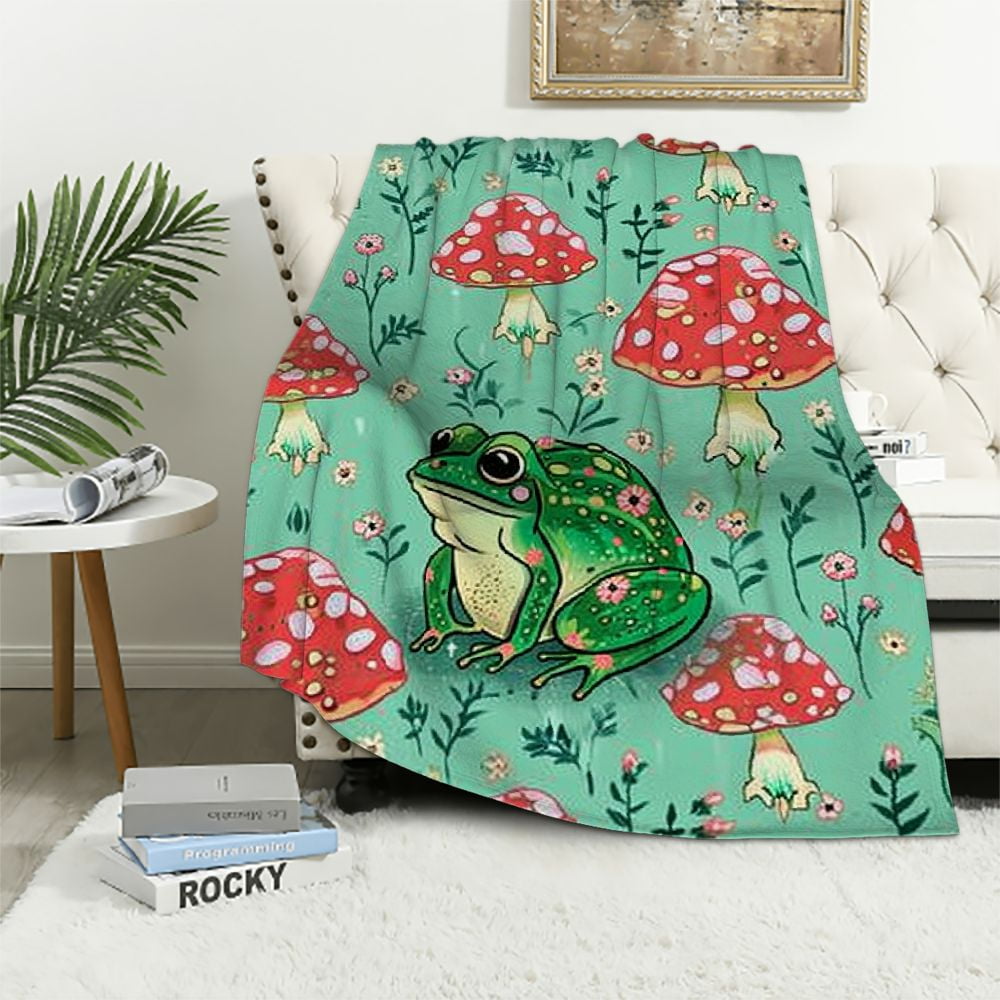 Nawypu Cute Green Frog Mushroom Blanket, Flannel Blanket Soft and Cozy ...
