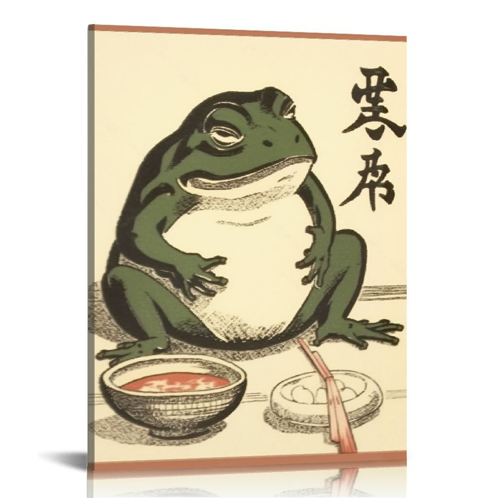 JEUXUS Cute Japanese Frog Canvas Wall Art Funny Vintage Green Frog ...