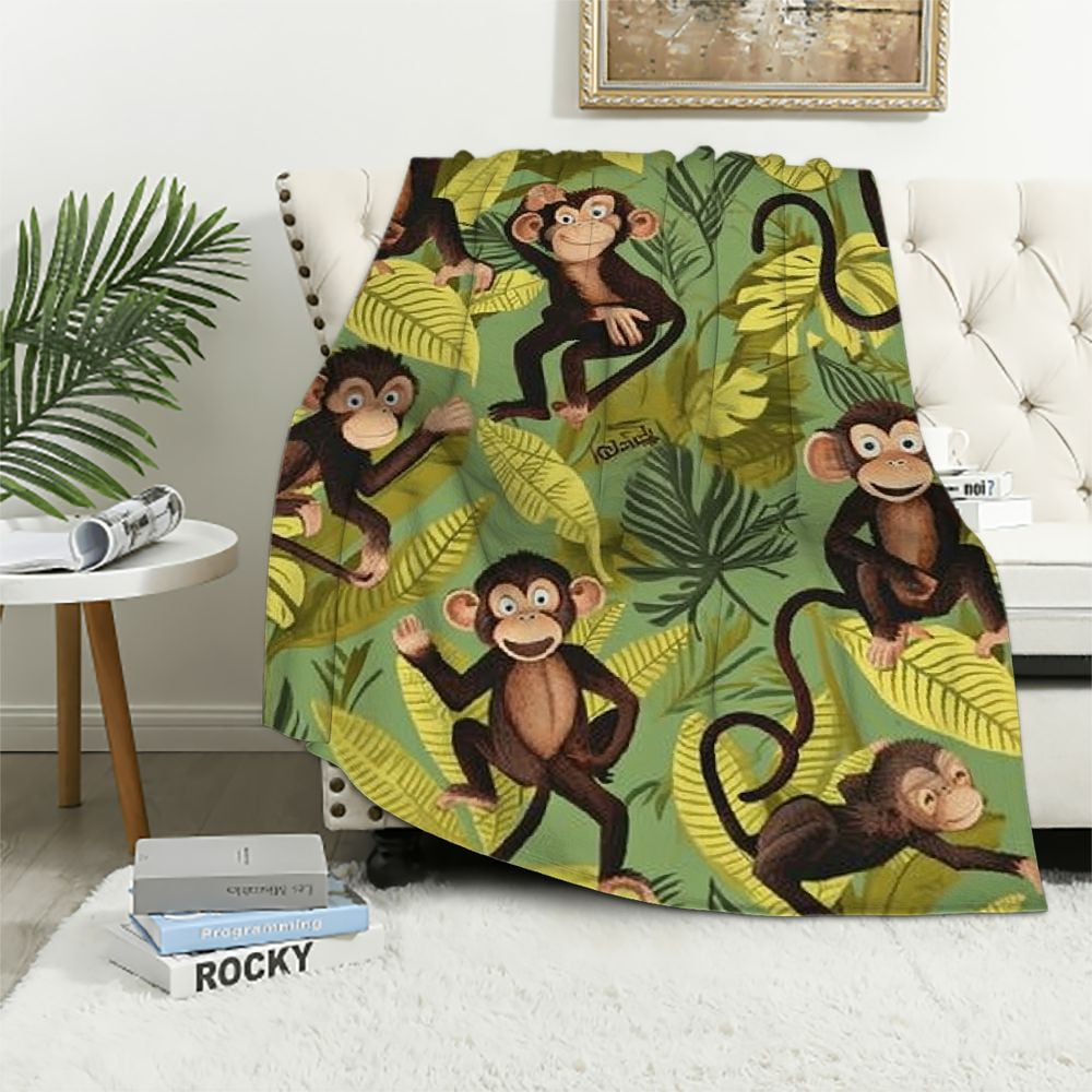 Nawypu Cute Monkey Coconut Leaf Banana Pattern Blanket Flannel Throw ...
