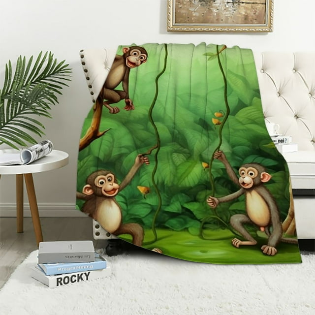 Nawypu Cute Monkey Throw Blanket Cartoon Monkey Blanket Green Grass Bed ...
