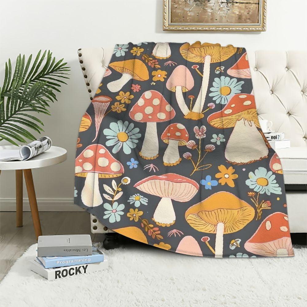 Nawypu Cute Mushroom Blanket Retro Floral Soft Warm Throw Blankets