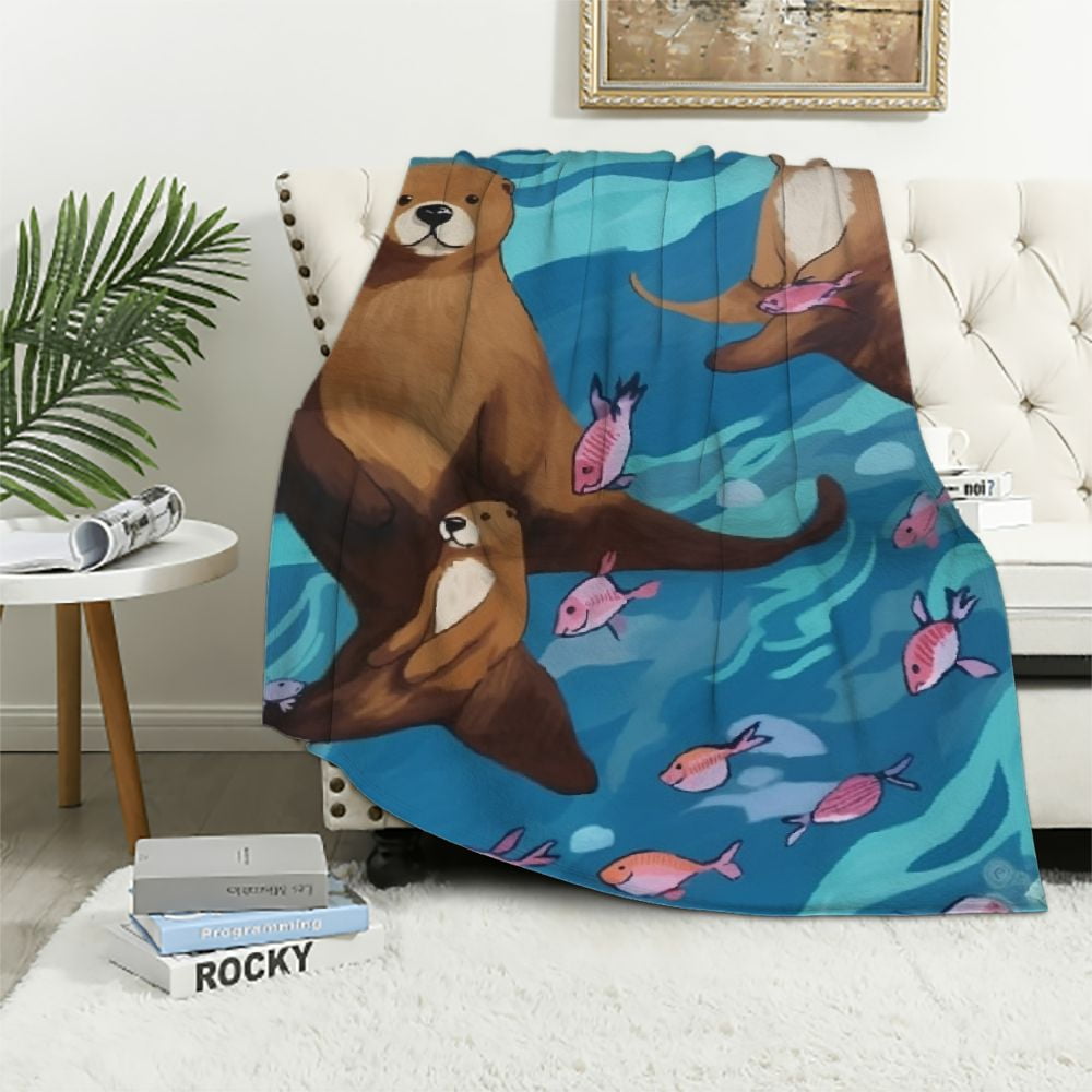 Nawypu Cute Otters Blanket Blue Soft Lightweight Throw Blanket Sea ...