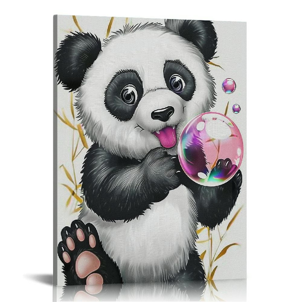 Nawypu Cute Panda Bubble Gum Art Pink Canvas Print Animal Print Black ...