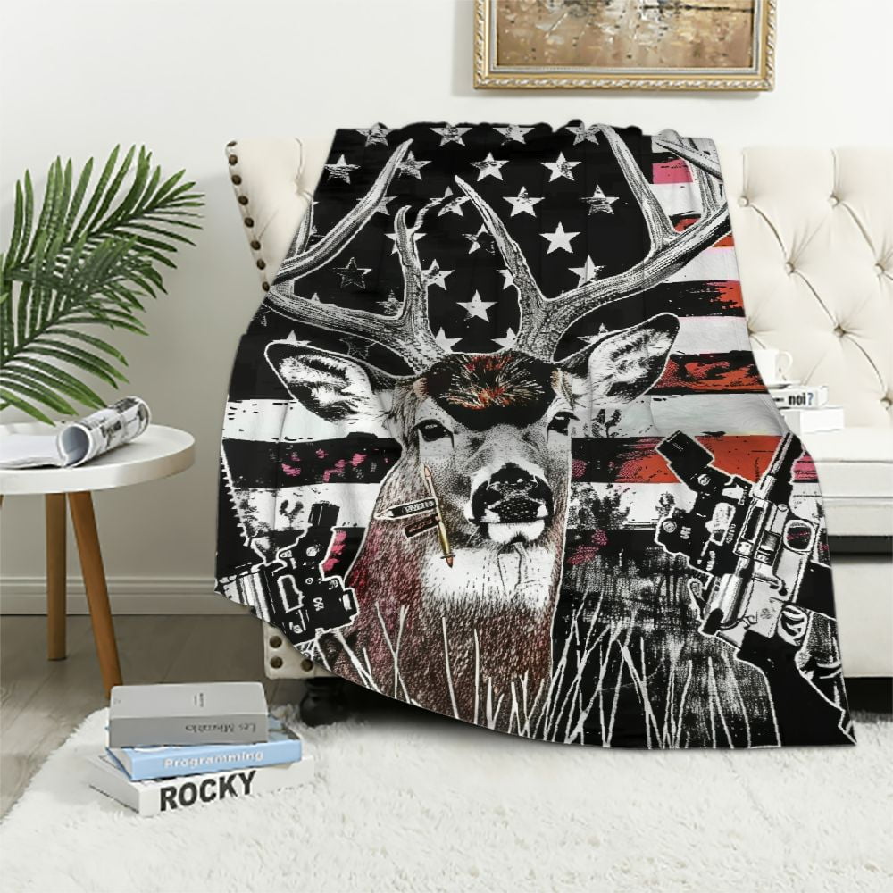 Nawypu Deer Blanket American Flag Throw Blanket Hunting Theme Blanket ...