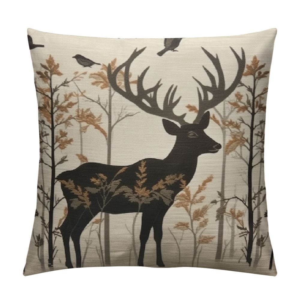 Nawypu Deer Throw Pillow Cover Pine Forest and Birds Browns Fabric for ...
