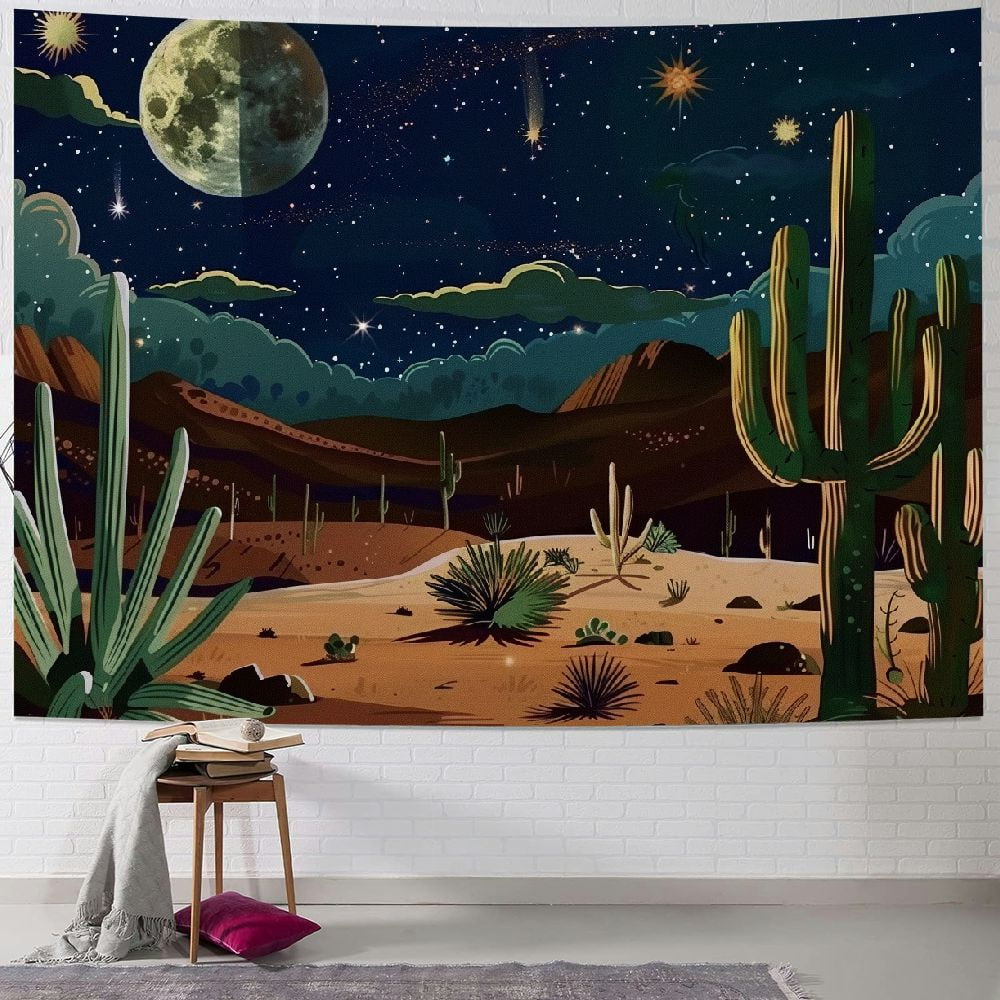 Nawypu Desert Mountain Tapestry Moon Desert Cactus Starry Night Nature ...