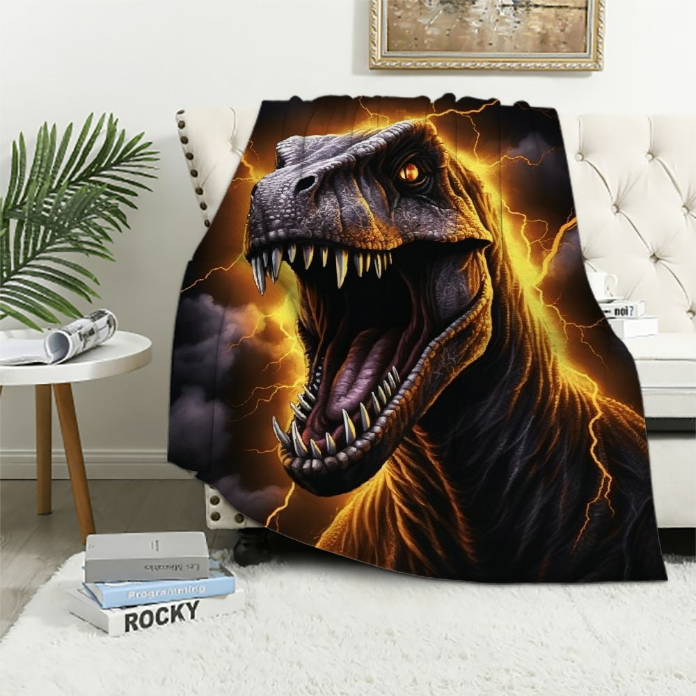 ONETECH Dinosaur Gifts Blanket, Black Gold Fire Lightning Dinosaur ...