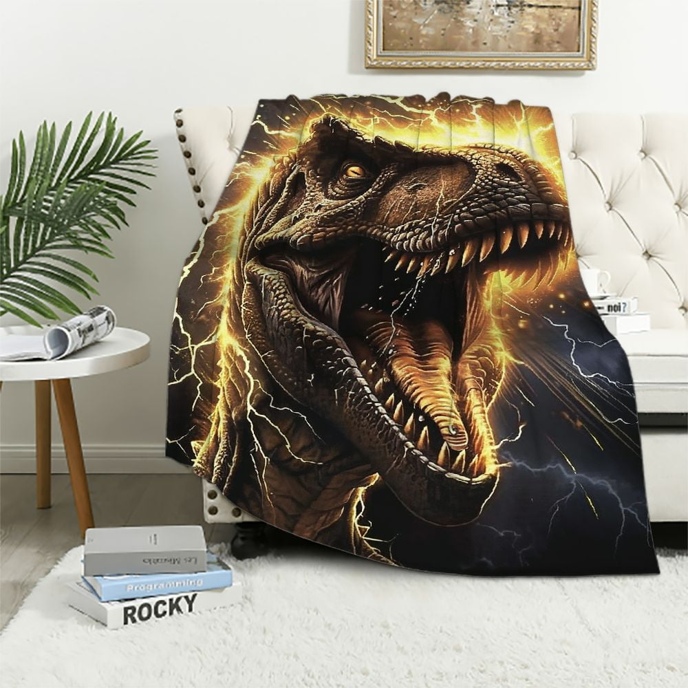 Nawypu Dinosaur Gifts Blanket, Black Gold Fire Lightning Dinosaur Throw ...