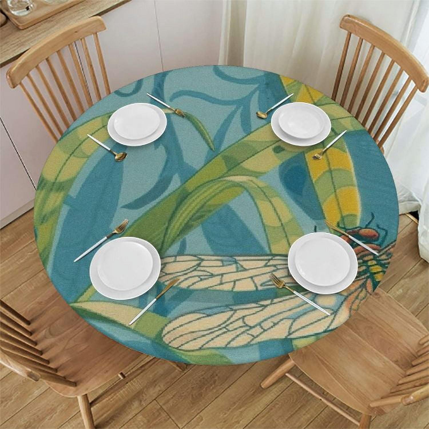 Nawypu Dragonfly Bamboo Pattern Round Fitted Table Cloth with Elastic ...