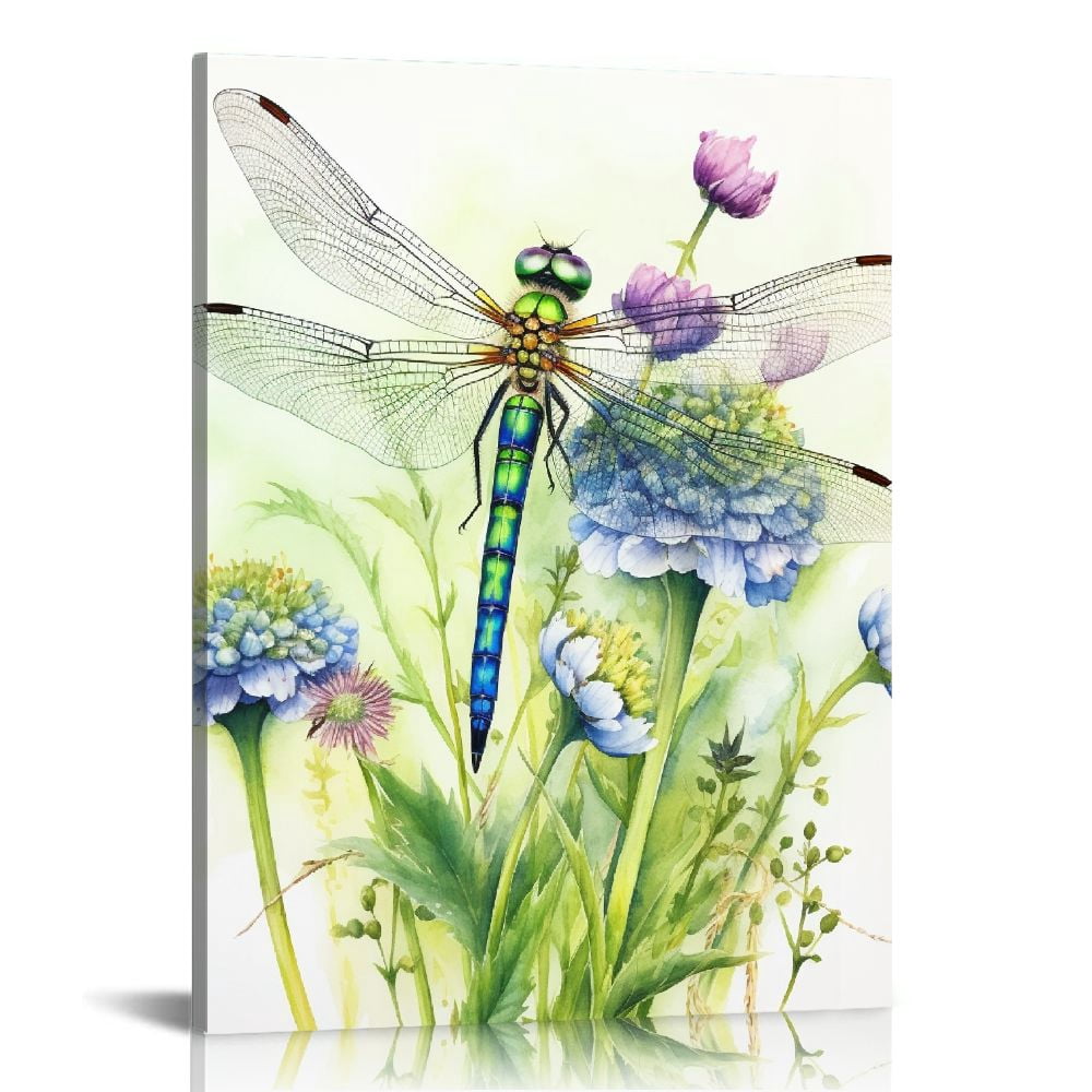 Nawypu Dragonfly Canvas Wall Art, Blue Dragonfly and Leaves Watercolor ...