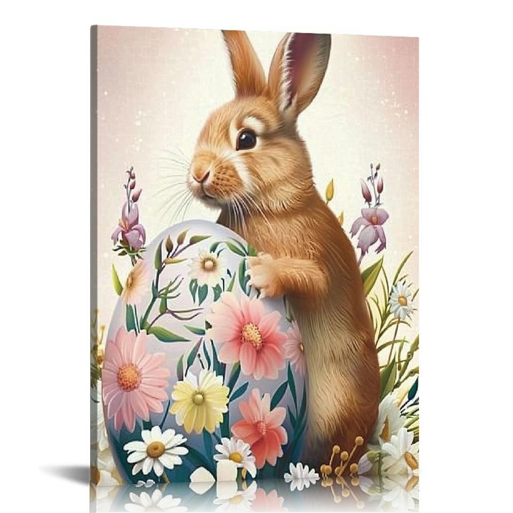 Nawypu Easter Bunny Sitting On Egg Flowers Wall Art Canvas Prints ...