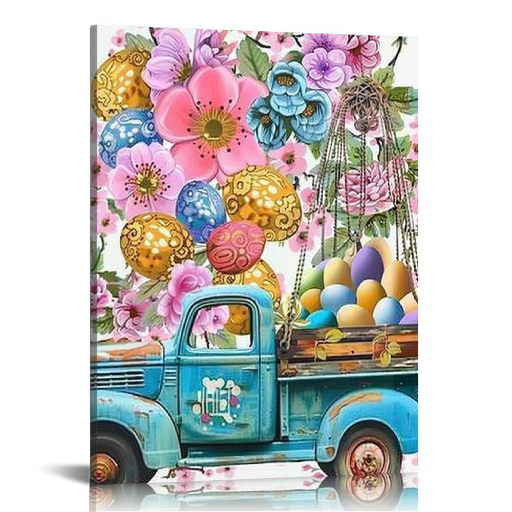Nawypu Easter Framed Canvas Wall Art for Living Room Egg Truck Wall ...