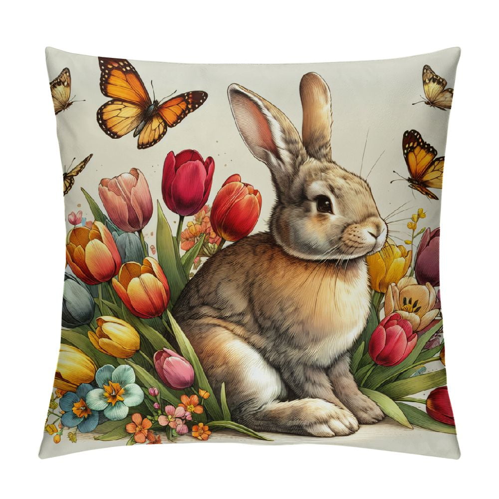 Nawypu Easter Pillow Cover Bunny Tulip Butterfly Decorations Holiday ...