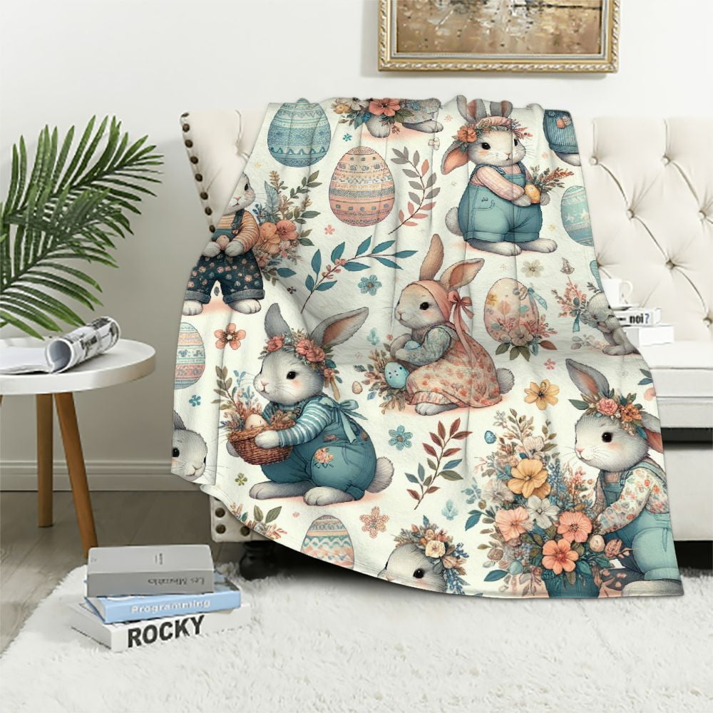 Nawypu Easter Throw Blanket Easter Spring Wood Color Bunny Gnome Egg ...