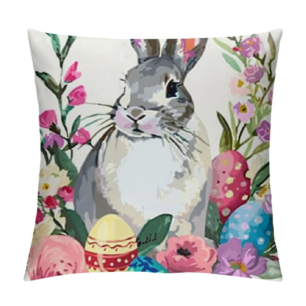 Nawypu Easter Throw Pillow Covers Happy Easter Rabbit Floral Cushion ...