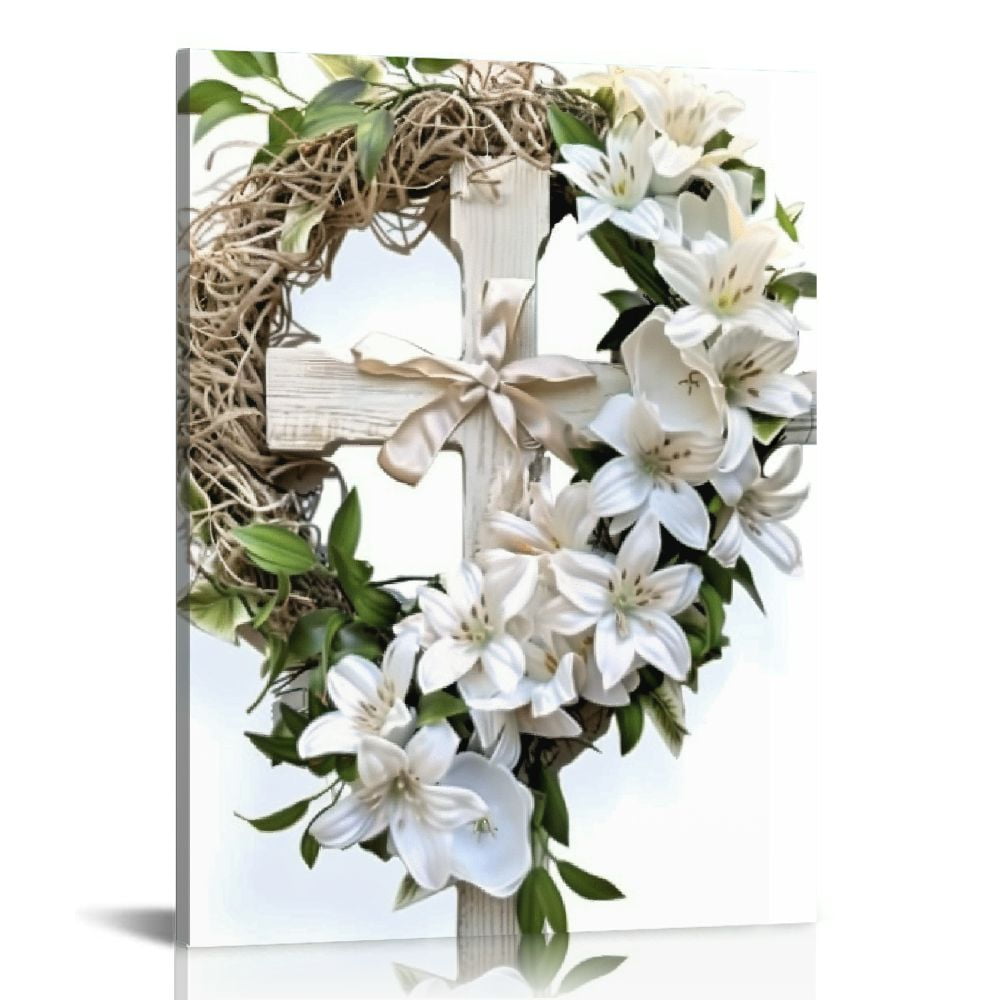 Nawypu Easter Wreath Lily Cross Door Sign Easter Door Sign He is Risen ...