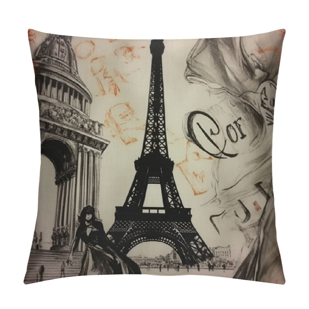 Nawypu Eiffel Tower Throw Pillow Cover French Sketch Monochrome Paris ...