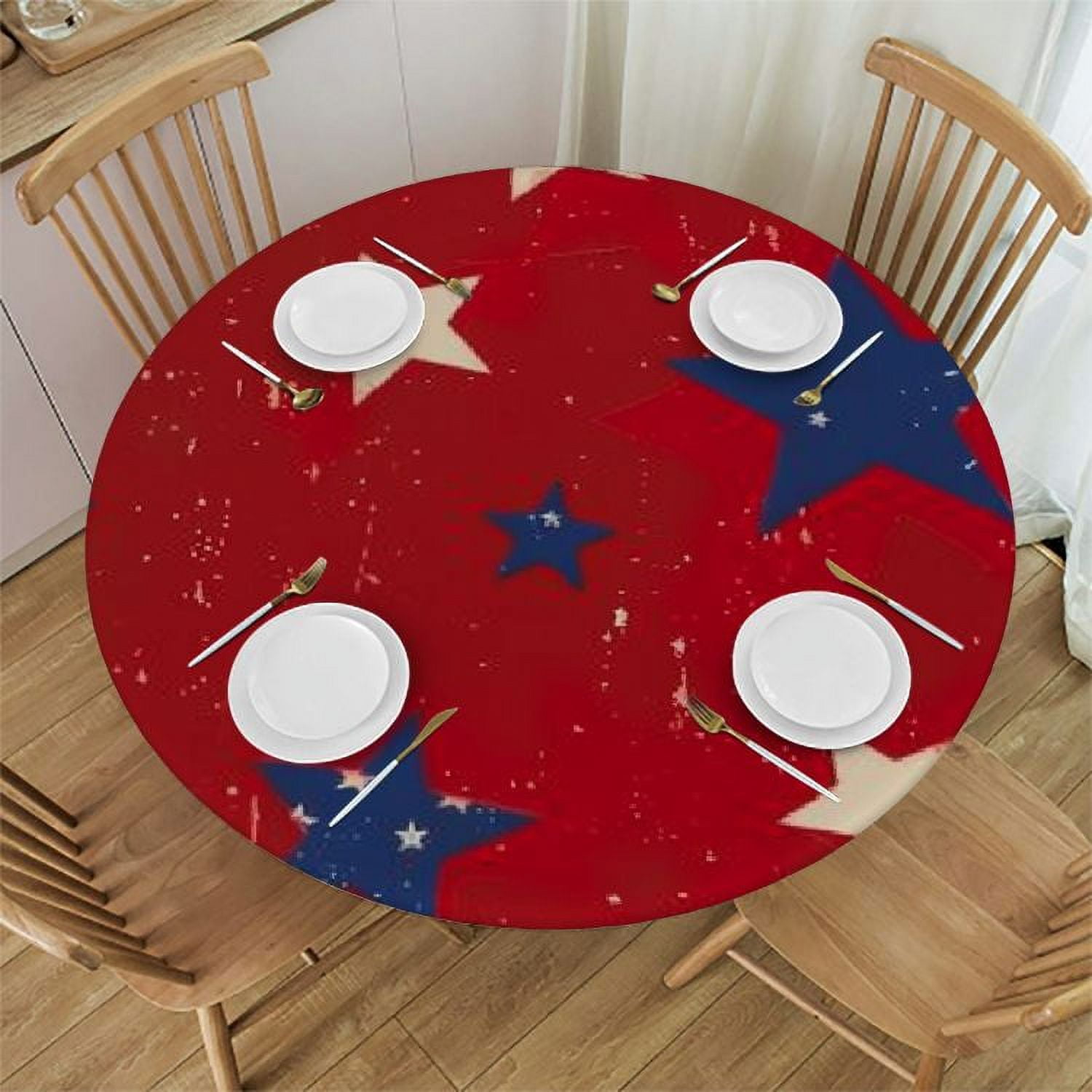 Nawypu Elastic Table Cover Round Patriotic Red Blue Star Elastic Table ...