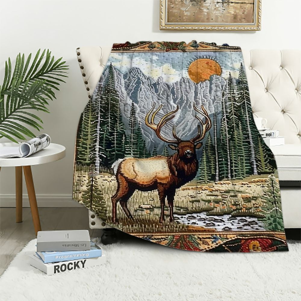 Nawypu Elk Lodge Blanket - Wildlife Cabin Gift Throw Woven from Cotton ...