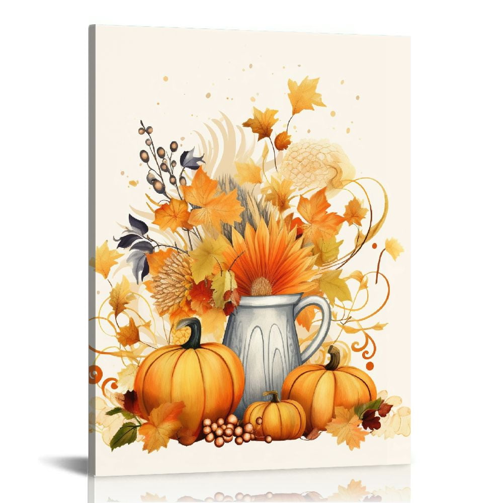 Nawypu Fall Canvas Wall Art Yellow and White Pumpkin and Red Maple Leaf ...