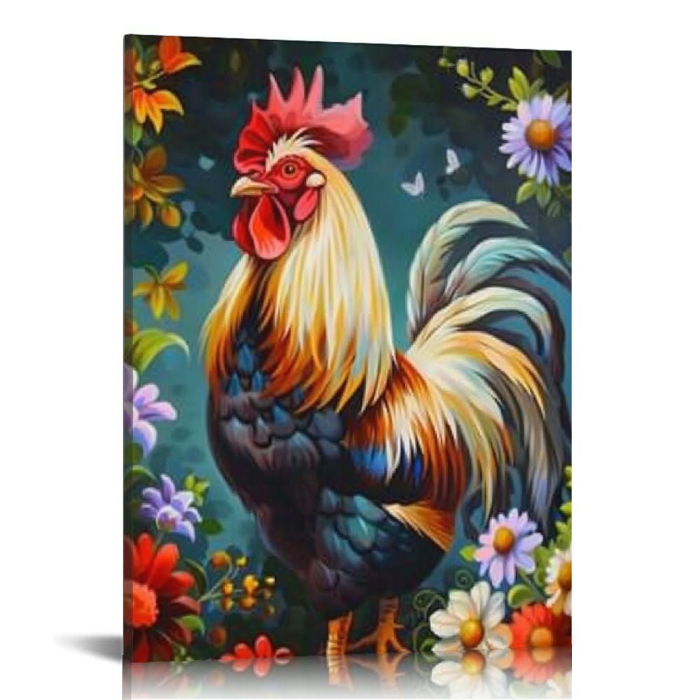 Nawypu Farm Floral Rooster Chickens Canvas Wall Art,Farmhouse Animals ...